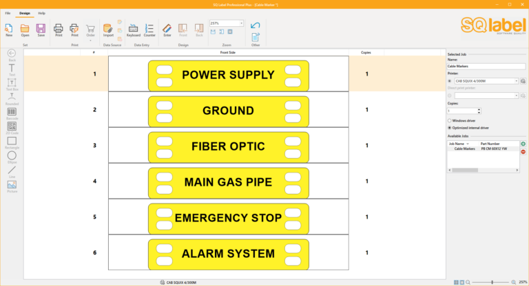Cable Marker Printing Software - Design & Print Cable Markers with SQ Label